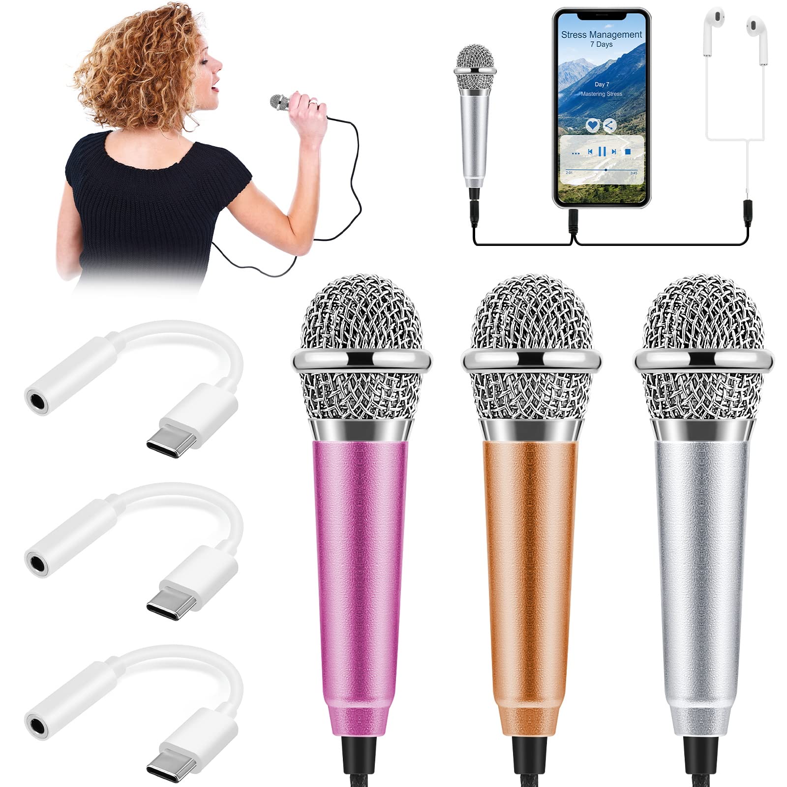 Flutesan 3 Pieces Mini Microphone Tiny Microphone Mini Portable Vocal Instrument Microphone and 3 Pieces USB Type C to 3.5 mm Female Adapter for Mobile Phone