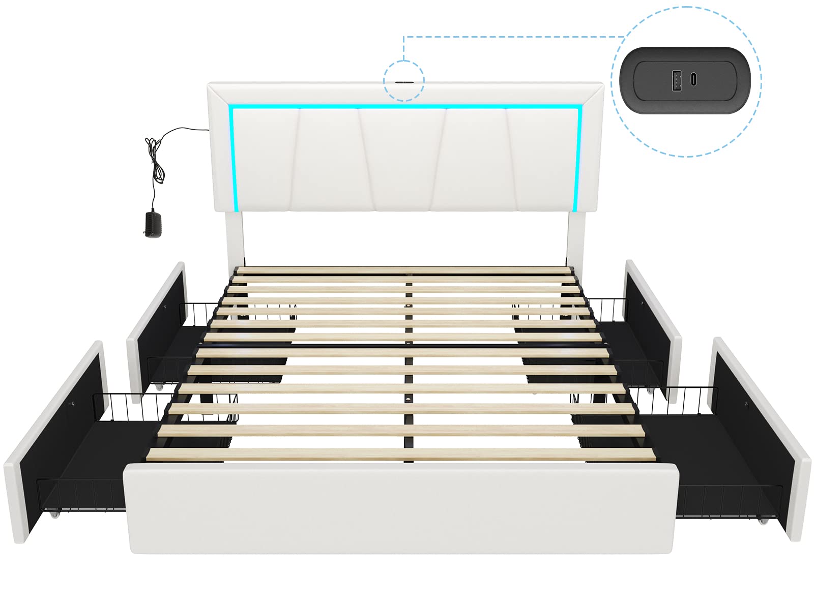 DICTAC Bed Frame Queen Size with 4 Storage Drawers and LED Lights Faux Leather Upholstered Queen LED Platform Bed Frame with USB Ports & Adjustable LED Headboard,No Box Spring Needed,Noise Free,White