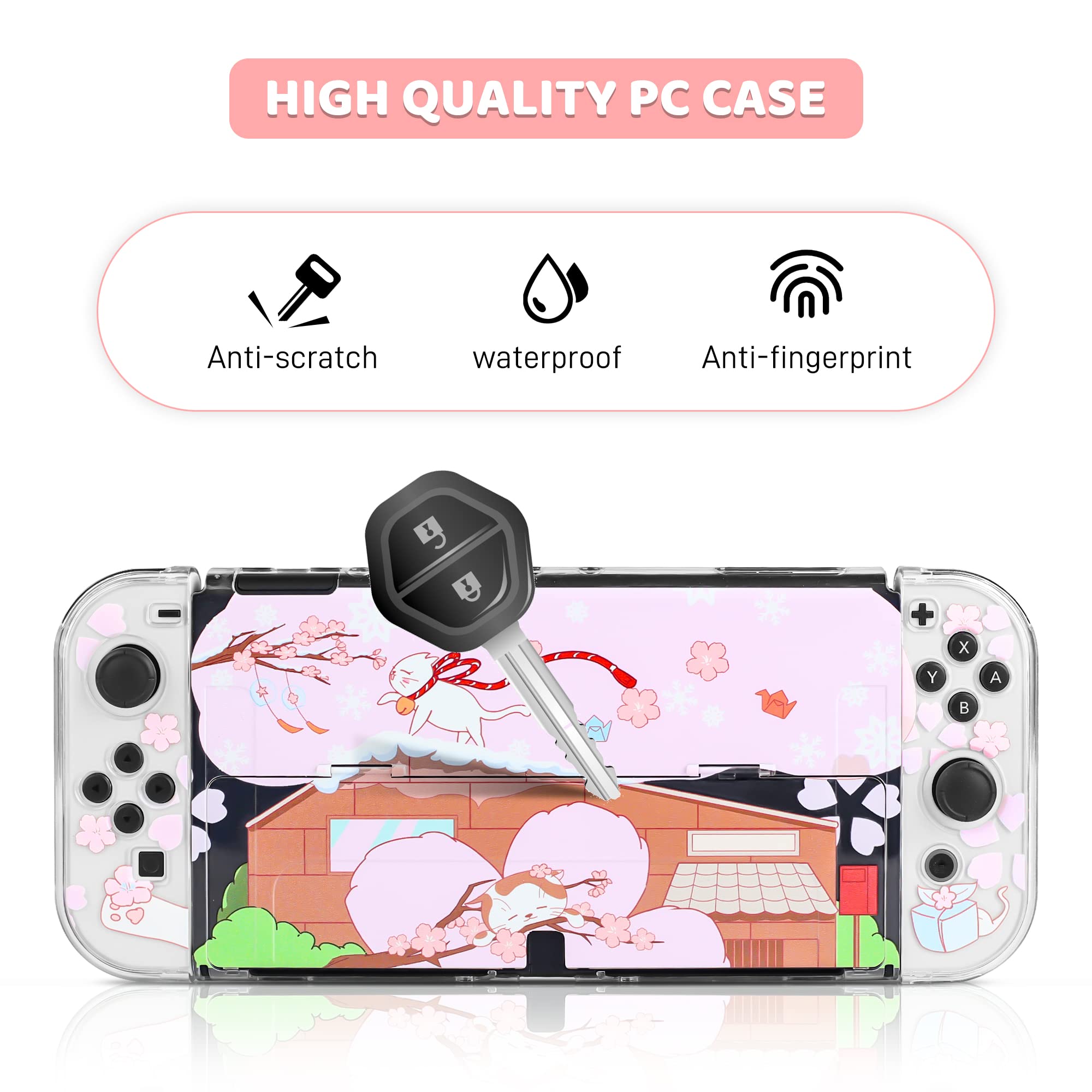 FANPL Cute Case Compatible with Nintendo Switch OLED, Case Cover with Sakura Cat Pattern for Switch OLED Console & Joycon, Hard PC Flip Shell with Ergonomics Grip Case, Kawaii Dockable Skin for Girls
