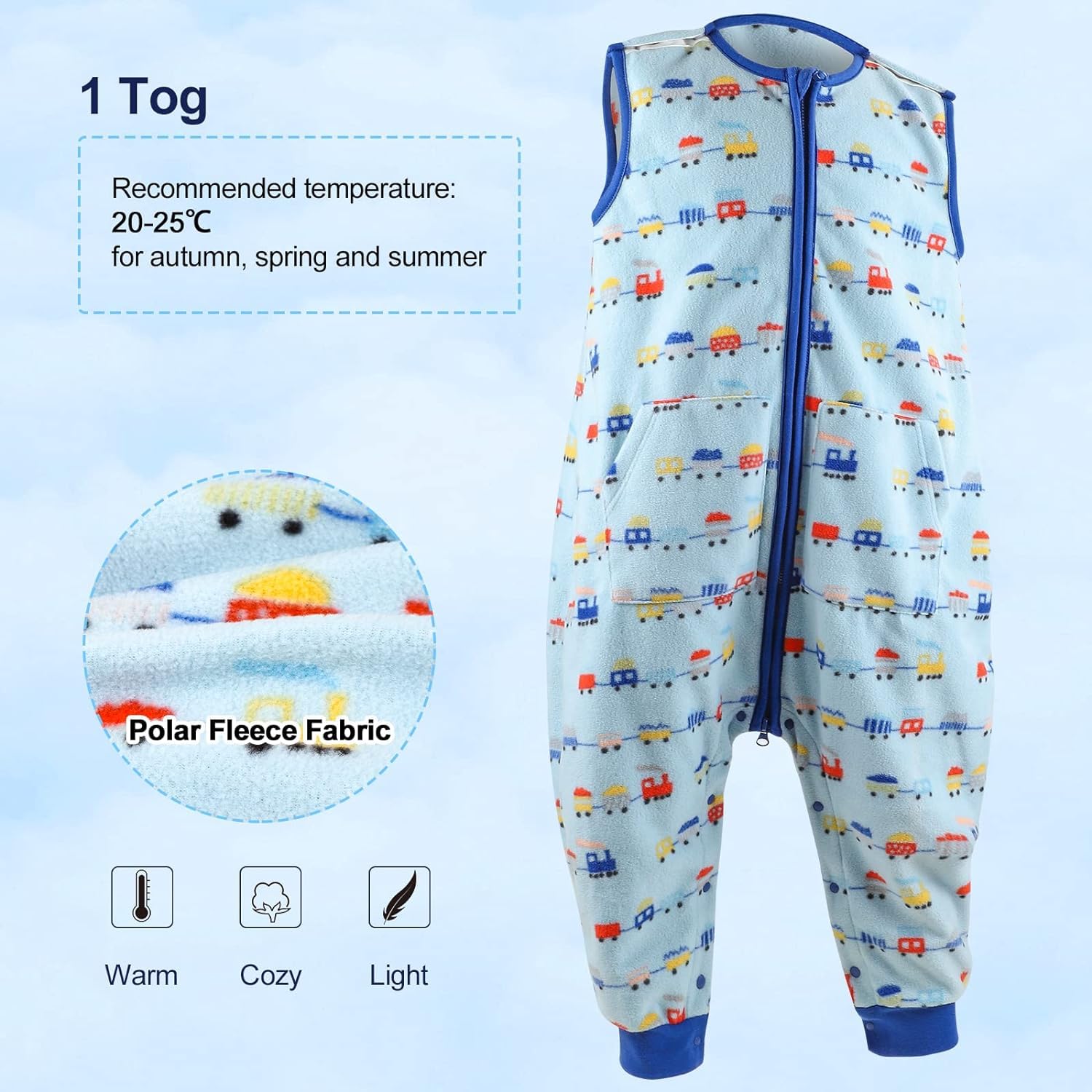 MOEMOE BABY Toddler Sleeping Sack Fleece Sleep Sack with Feet 1.0 Tog Sleep Sack with Legs Sleeveless Wearable Blanket Baby