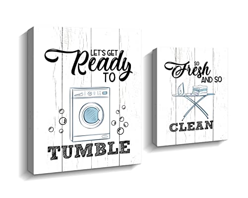 Kas Home 2 Panels Laundry Room Decor Laundry Room Wall Sign Tumble Fresh Clean Canvas Laundry Wall Art Plaque Farmhouse Laundry Rules Wall Decor (White - laundry, 12 x 15 inch + 8.6 x 11 inch)