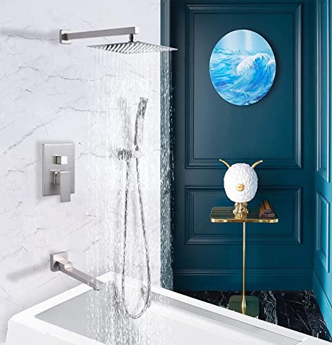 DoBrass Tub Shower Faucets Set Complete with Pre-embedded Valve, 10-inch Square Waterfall Shower Head System with Handheld Shower and Tub Spout, Bathroom with Bathtub, Wall Mounted, Brushed Nickel