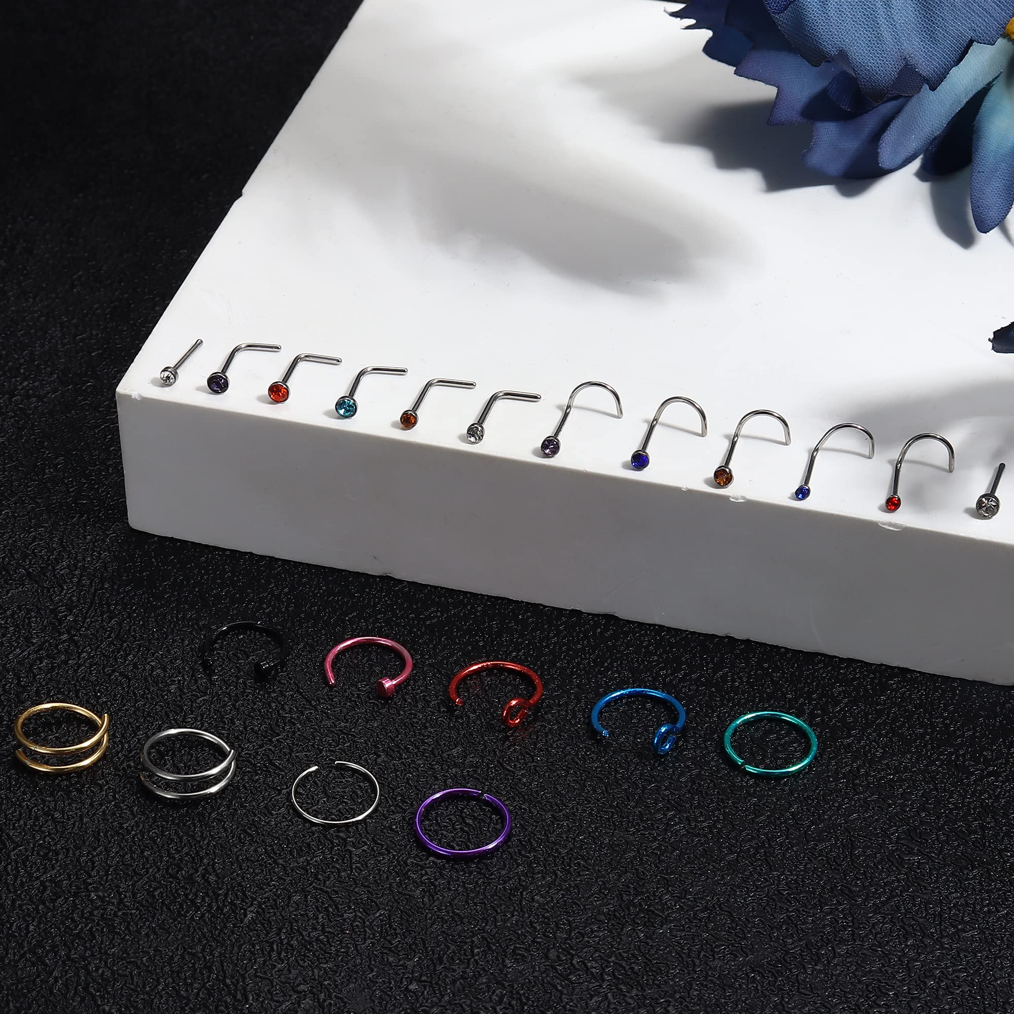 HAIAISO 200Pcs Nose Ring Studs Set for Women Men Stainless Steel Nose Rings Hoops Bone Screw L Shaped Nose Rings Nose Piercing Jewelry 20G 22G 1.5mm 2mm 2.5mm