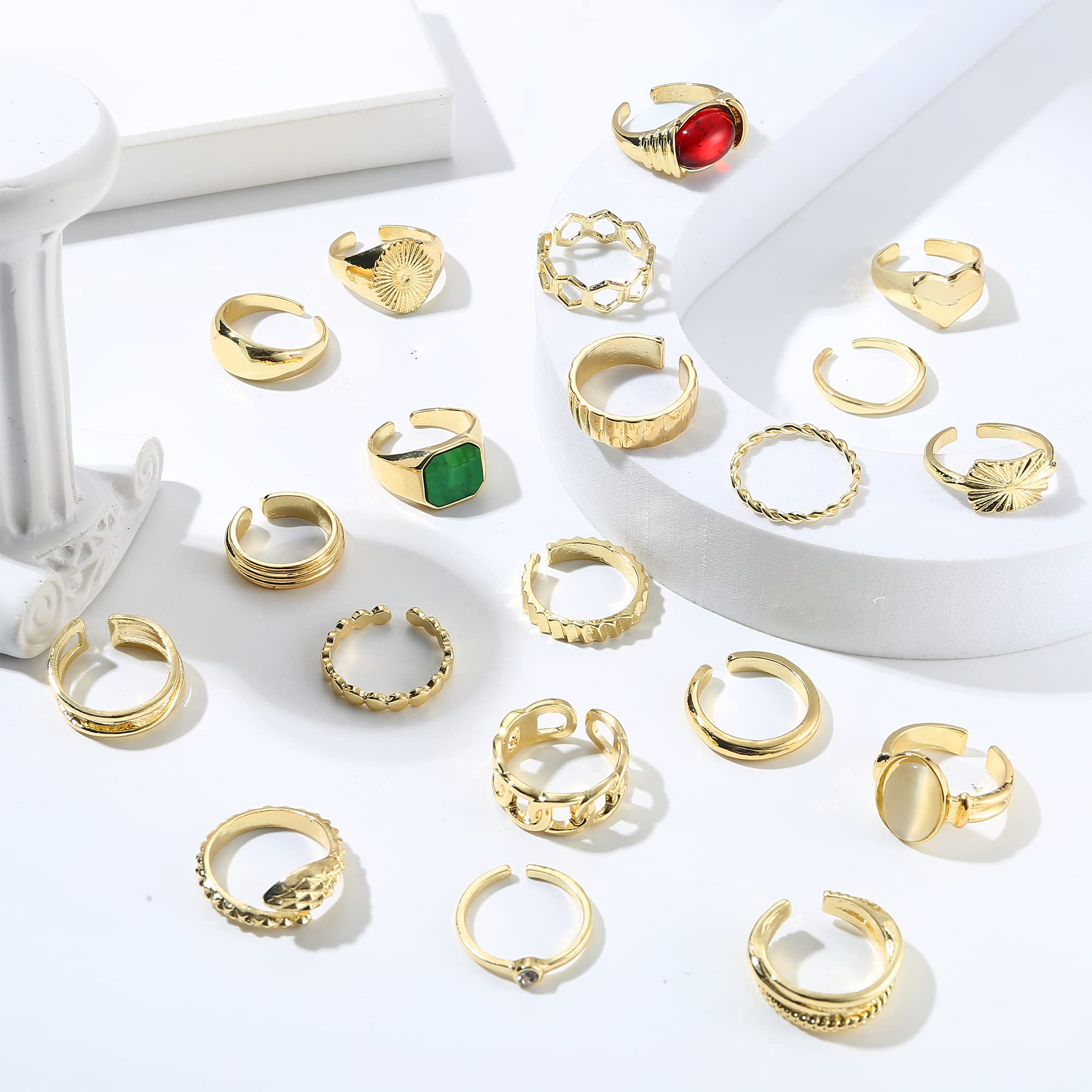 HAIAISO 20Pcs Gold Dome Chunky Rings Set for Women 18K Gold Plated Crystal Snake Heart Signet Ring Adjustable Open Band Rings Size 4-9