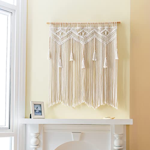 Mkono Macrame Wall Hanging Large Boho Decor Woven Wall Tapestry Chic Art Tassel Christmas Decoration for Backdrop over Bed Bedroom Nursery Dorm Classroom, Including Hanging Rod, 36''W x 42''H