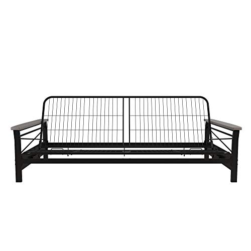 DHP Nadine Metal Futon Frame with Grey Wood Armrests, Full Size, Mattress Not Included