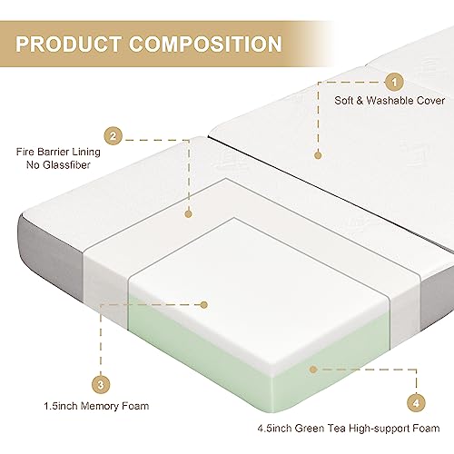 Lazyzizi Folding Mattress, 6 Inch Memory Foam Tri-fold Mattress with Breathable & Washable Bamboo Fiber Fabric Cover, Foldable Floor Mattress Guest Bed for Camping, Road Trip, Queen