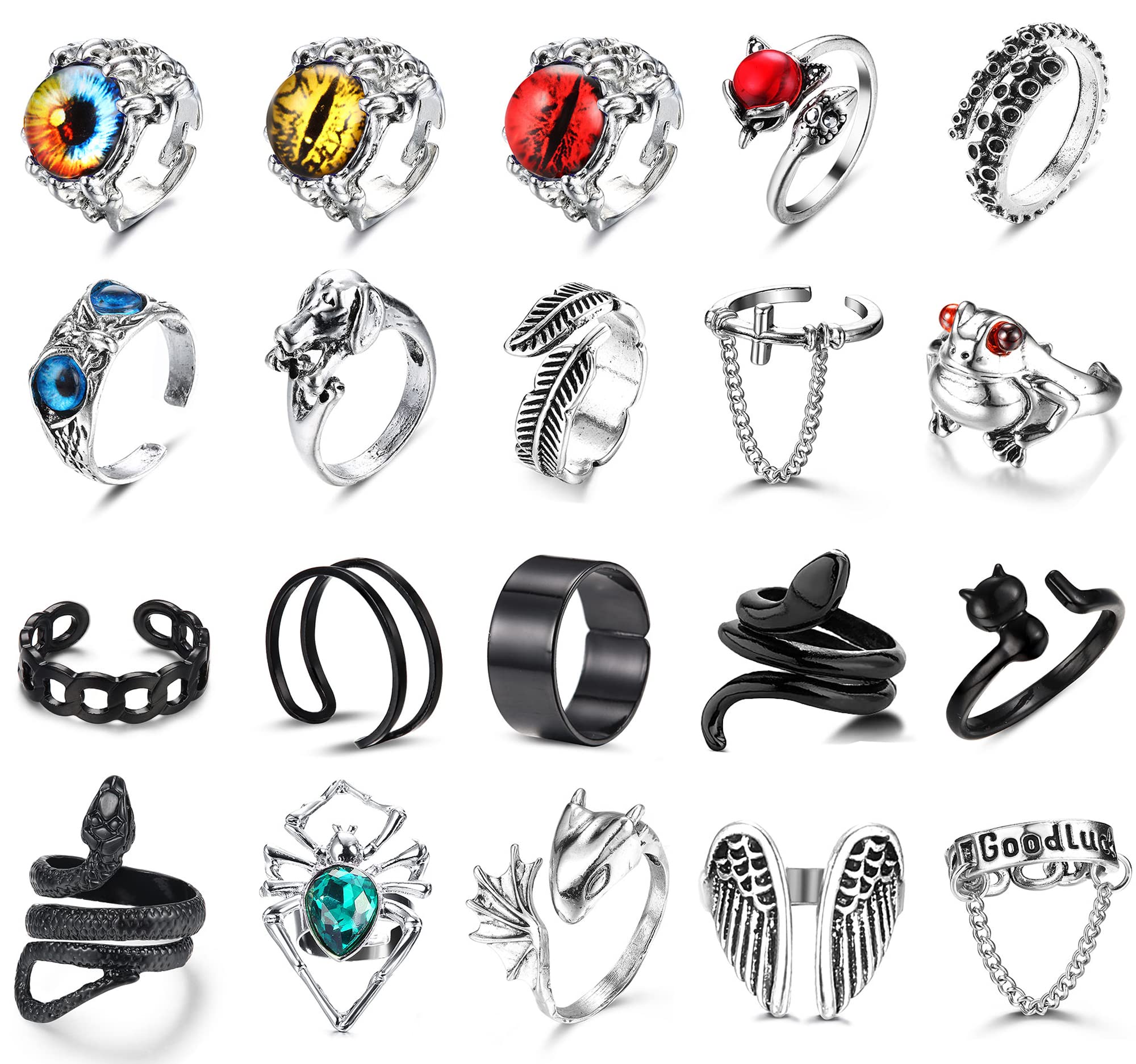 FIASASO 20Pcs Vintage Punk Open Rings Frog Leaf Chain Adjustable Ring for Women Men