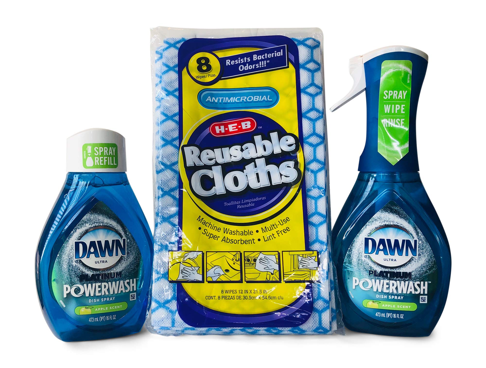 Dawn POWERWASH Apple Scent Bundle: 1 Starter (16oz) + 1 Refill (16oz) + 8 HEB Reusable Cloths