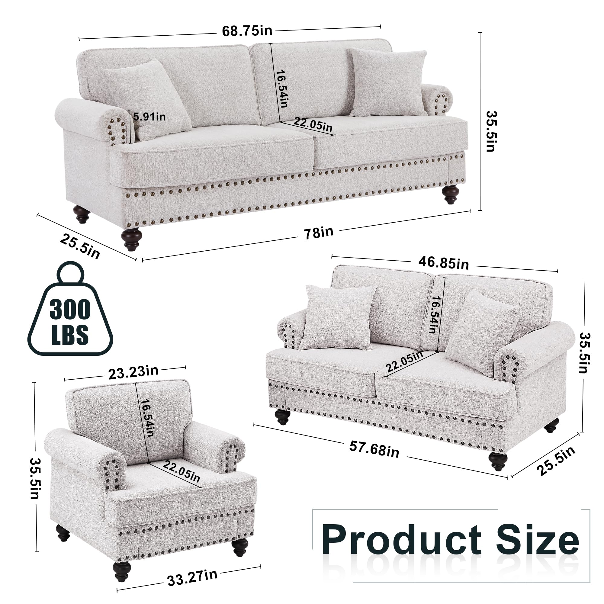 Mid Century Modern Sofa Set, 22" Extra Deep Seat juegos de muebles de sala Comfy Chenille Upholstered Living Room Furniture Sets with Rolled Arms Nailhead Trim (White, 3 Pieces A)