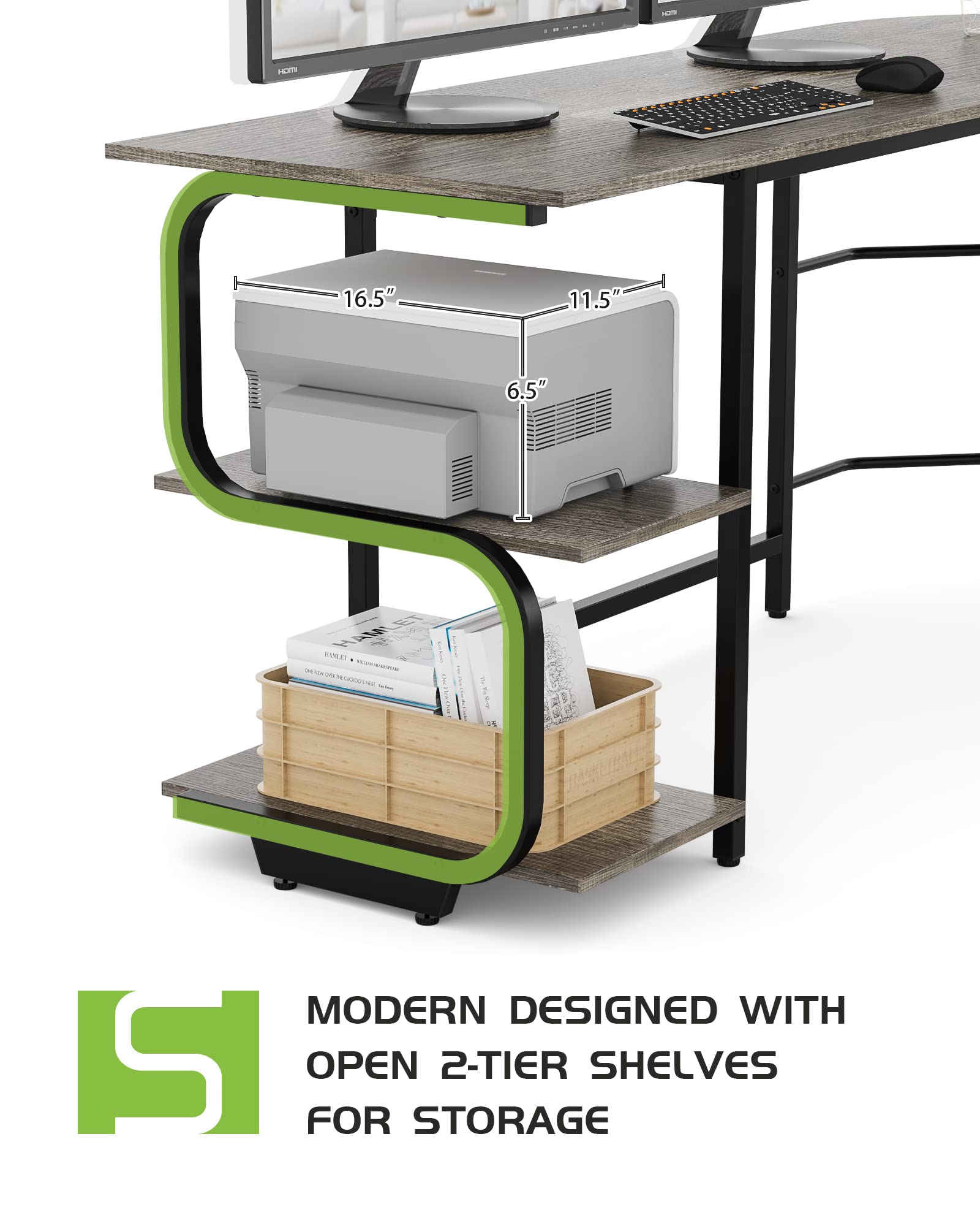Teraves Reversible L Shaped Desk with Large Surface, 61 Inch Sturdy Corner Desk with Storage Shelves, Premium Office Computer Desk Workstation for Home Office Gaming