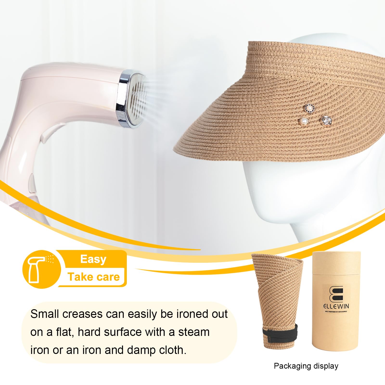 ELLEWIN Women Sun Visor Hat Wide Brim Straw Sun Visor Roll Up Sun Hat Ponytail Packable Beach Khaki Visor
