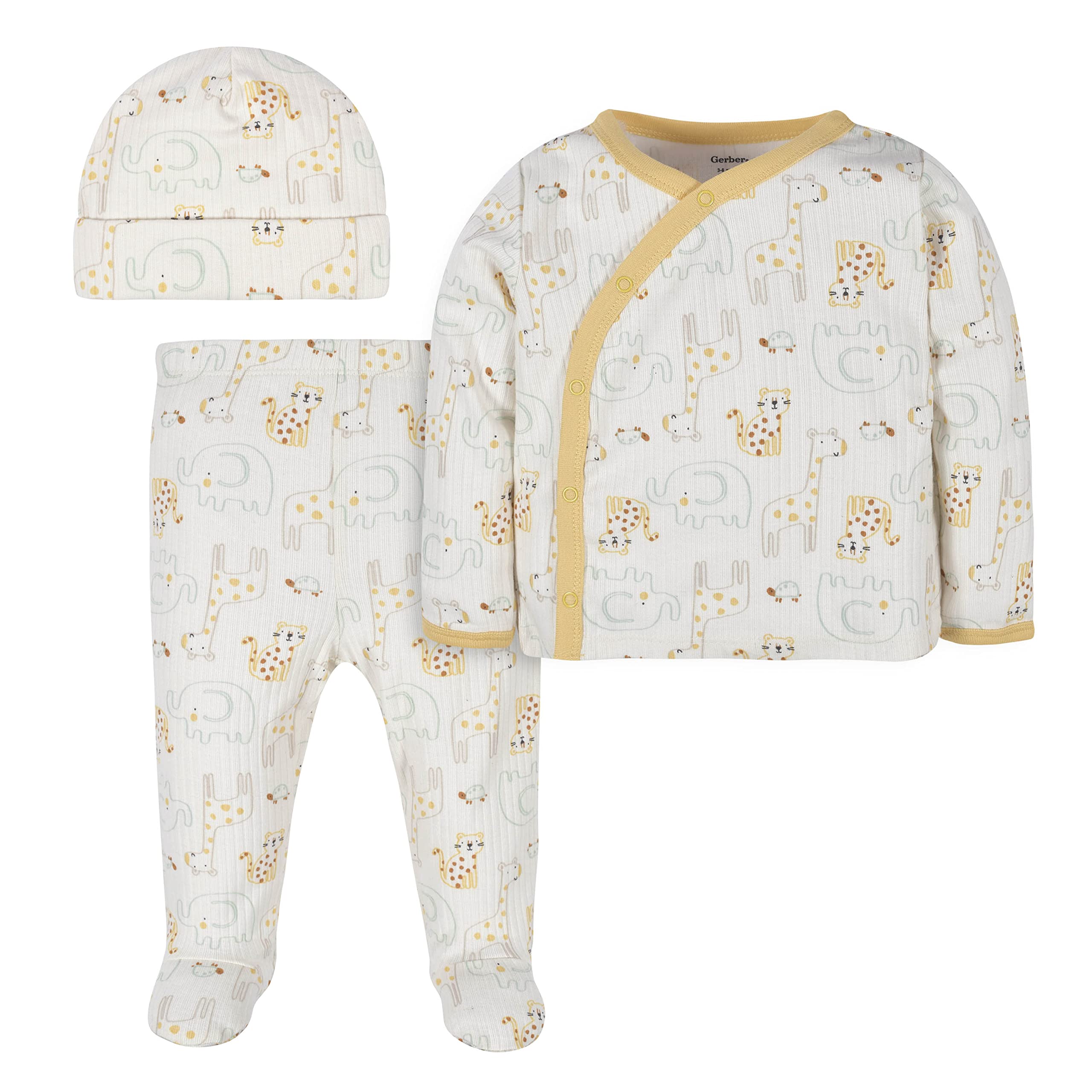 Gerber Baby Newborn Hospital Pointelle Outfit Shirt, Footed Pant and Cap, Animals White, Newborn