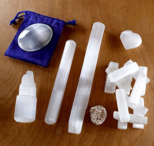 DANCING BEAR Selenite Protection Collection (22 pc Set): 12-15 Sticks (1.5-2”), Palm Stone, Heart, Tower, 8" Stick, 5.5" Massage Wand, and Desert Rose
