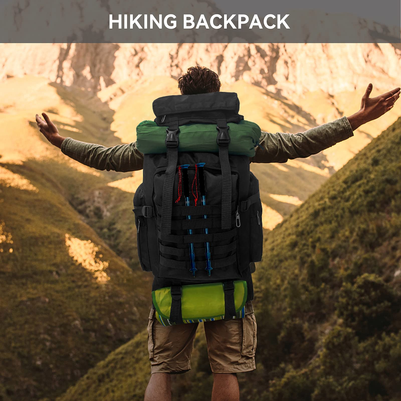 FLYKEPER, 75L Hiking Backpack Outdoor Camping Trekking Bag Durable Waterproof Sport Travel Backpack for Hiking, Backpacking, Traveling, Camping, Classic Black