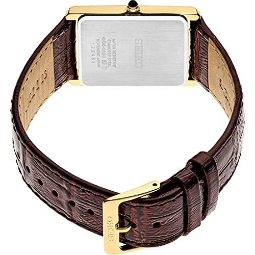 SEIKO SWR064 Watch for Men - Essentials Collection - Water Resistant with Gold-Finish Stainless Steel Case, Patterned Light Champagne Dial with Gold Accents, and Textured Brown Leather Strap