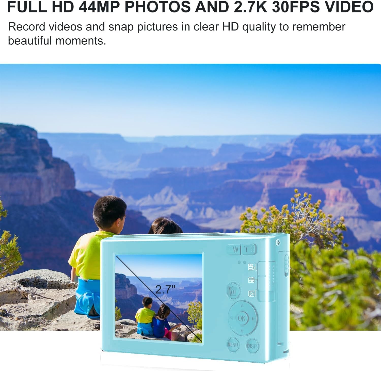 eDealz 44MP Digital Camera Compact Point & Shoot Camera, 16X Zoom, 32GB SD Card, Card Reader 6" Tripod and 6PC Card Holder Kids Camera 2.4" Screen, Vlogging Camera for Teens, Kids, Adults (Blue)