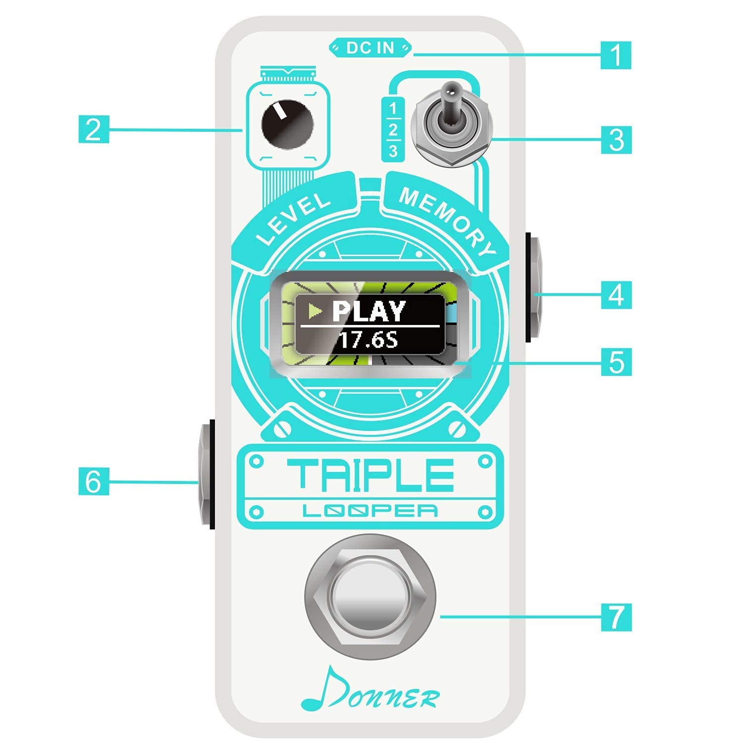 Donner Triple Looper Guitar Pedal with DPA-100 Guitar Pedal Power Supply Adapter 9V DC 1A Tip Negative 5 Way Daisy Chain Cables for Effect Pedal