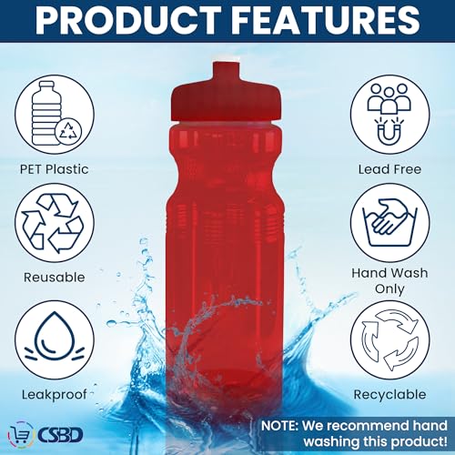 CSBD 24 oz. Bulk Water Bottles, 10 Pack, Made in USA, Blank Plastic Reusable Water Bottles for Gym, Cycling, BPA Free, Plastic Water Bottles Pull Top Cap for Sports, Translucent Red
