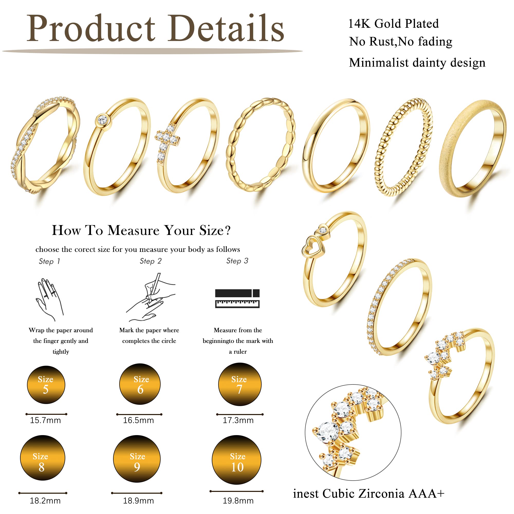 FIBO STEEL 10 Pcs 14K Gold Plated Stacking Rings Set for Women Dainty Minimalist Stackable Knuckle Rings CZ Flower Twist Cross Plain Band Ring Size 7