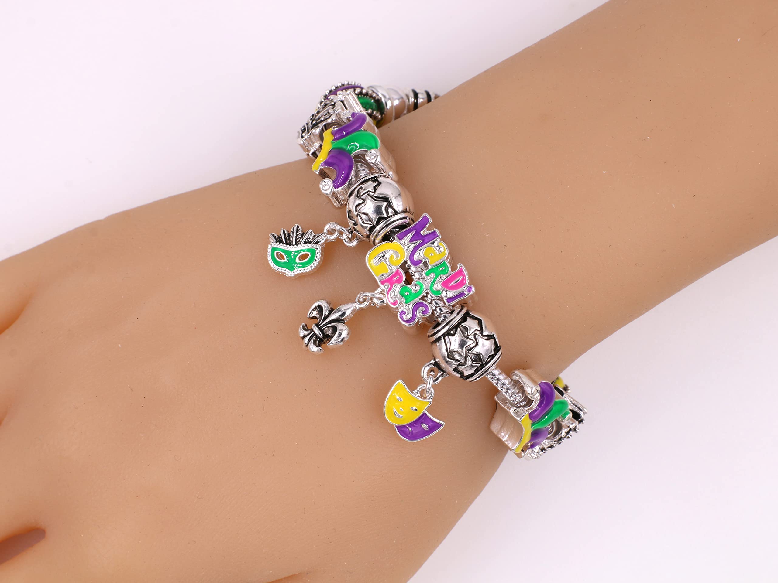 Elosee Mardi Gras Theme Multicolor Charms Bracelet (Silver)