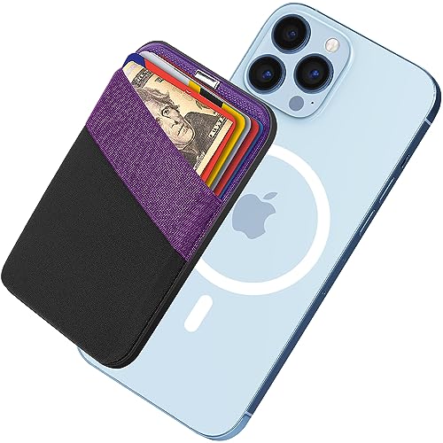 Upgraded 2 in 1 MagSafe Wallet for Apple iPhone 14/13/12 Series, Fits 5+ Cards and Cash, Magnetic Card Wallet Holder with Phone Grip, Stretchy iPhone Mag Safe Wallet for Maximum Flexibility Purple