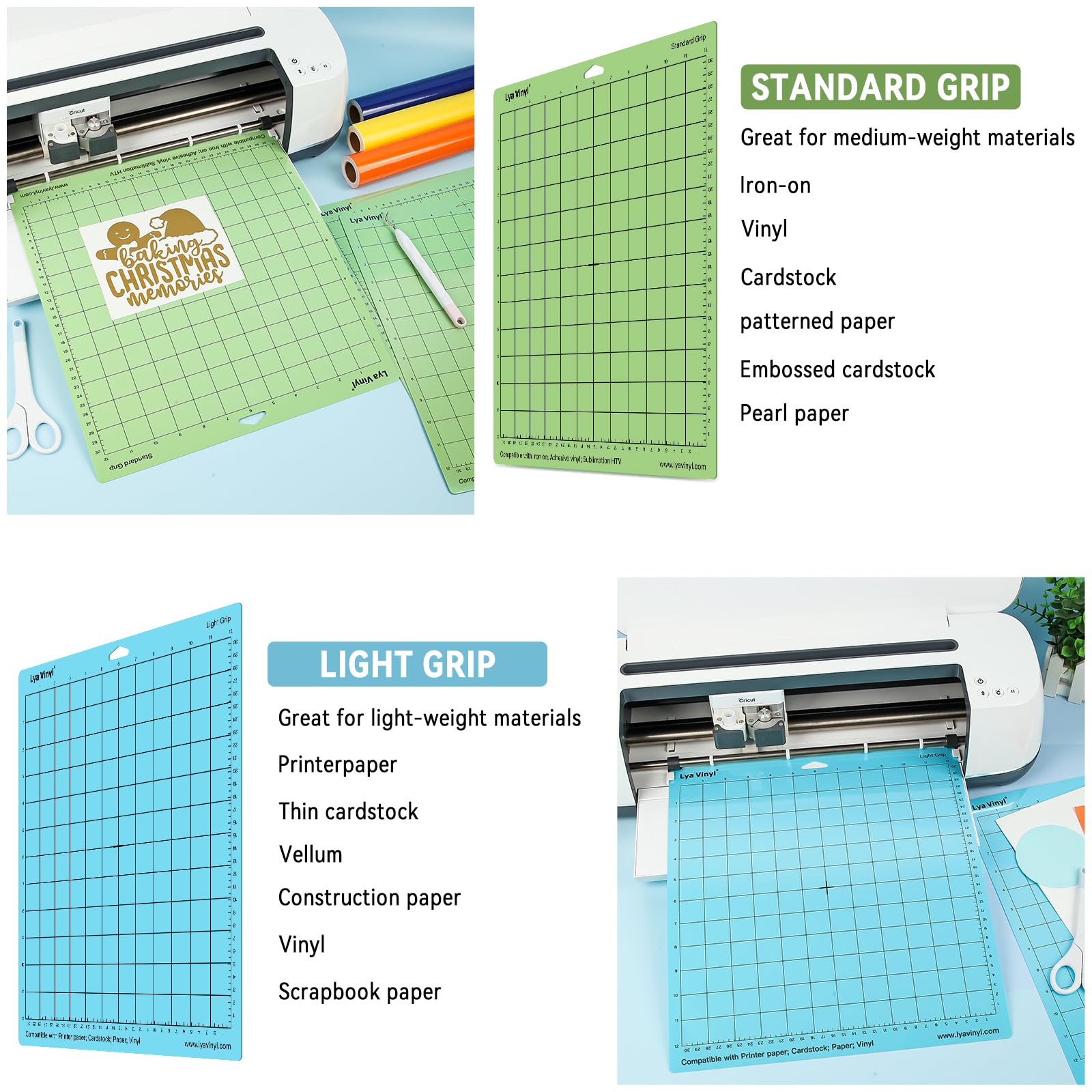 Cutting Mats for Cricut, Lya Vinyl 2 Pack Variety Cutting Mats 12x12 for Cricut Accessories/Maker/Explore Air (LightGrip, StandardGrip), Cutting Mats Replacement Accessories for Cricut