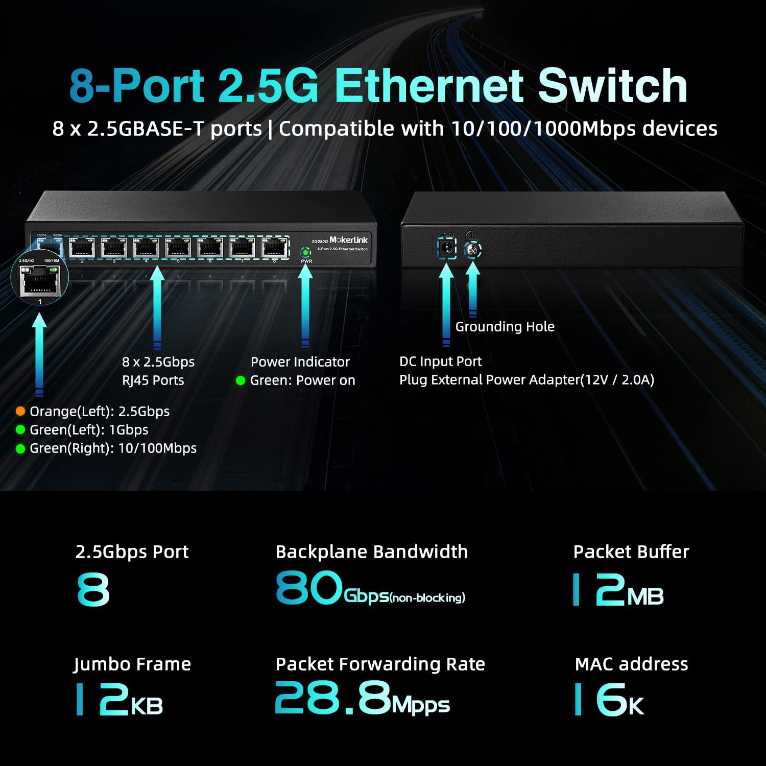 MokerLink 8 Port 2.5G Ethernet Switch, 8 x 2.5G Ethetnet Ports, Compatible with 10/100/1000Mbps, Metal Unmanaged Fanless Network Switch(Renewed)