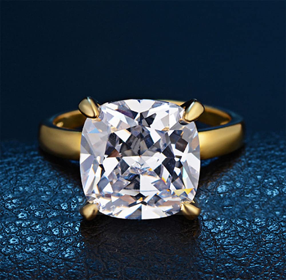 FLYYQMIAO 18K Gold Plated 2.5 Carat Square Cubic Zirconia Solitaire Engagement Wedding Ring Women's Thin Band CZ Promise Ring (7#)