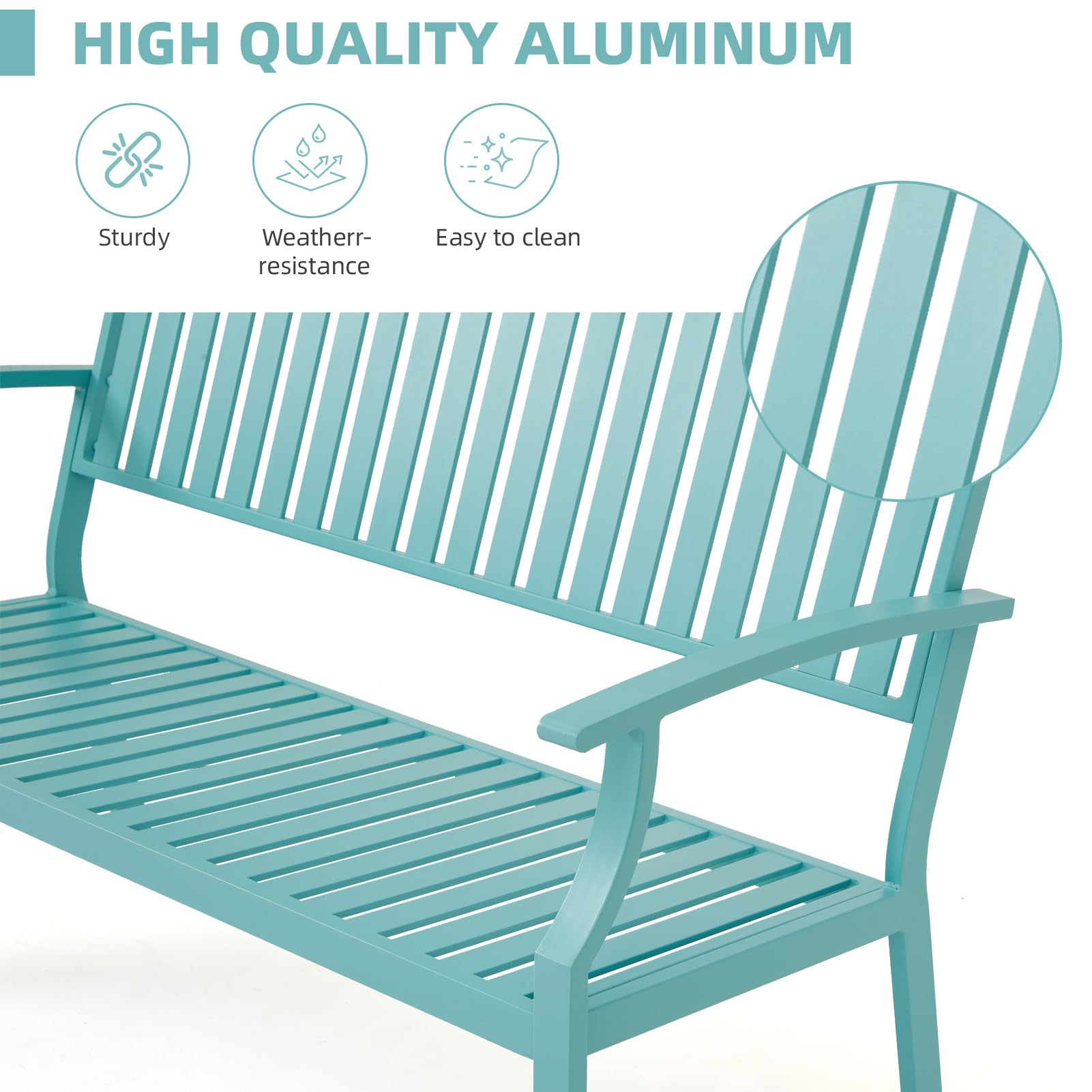 Outdoor Aluminum Bench with Backrest, Patio Metal 3-Seater Chair for Porch Balcony Deck Lawn Garden Poolside Yard (Red)