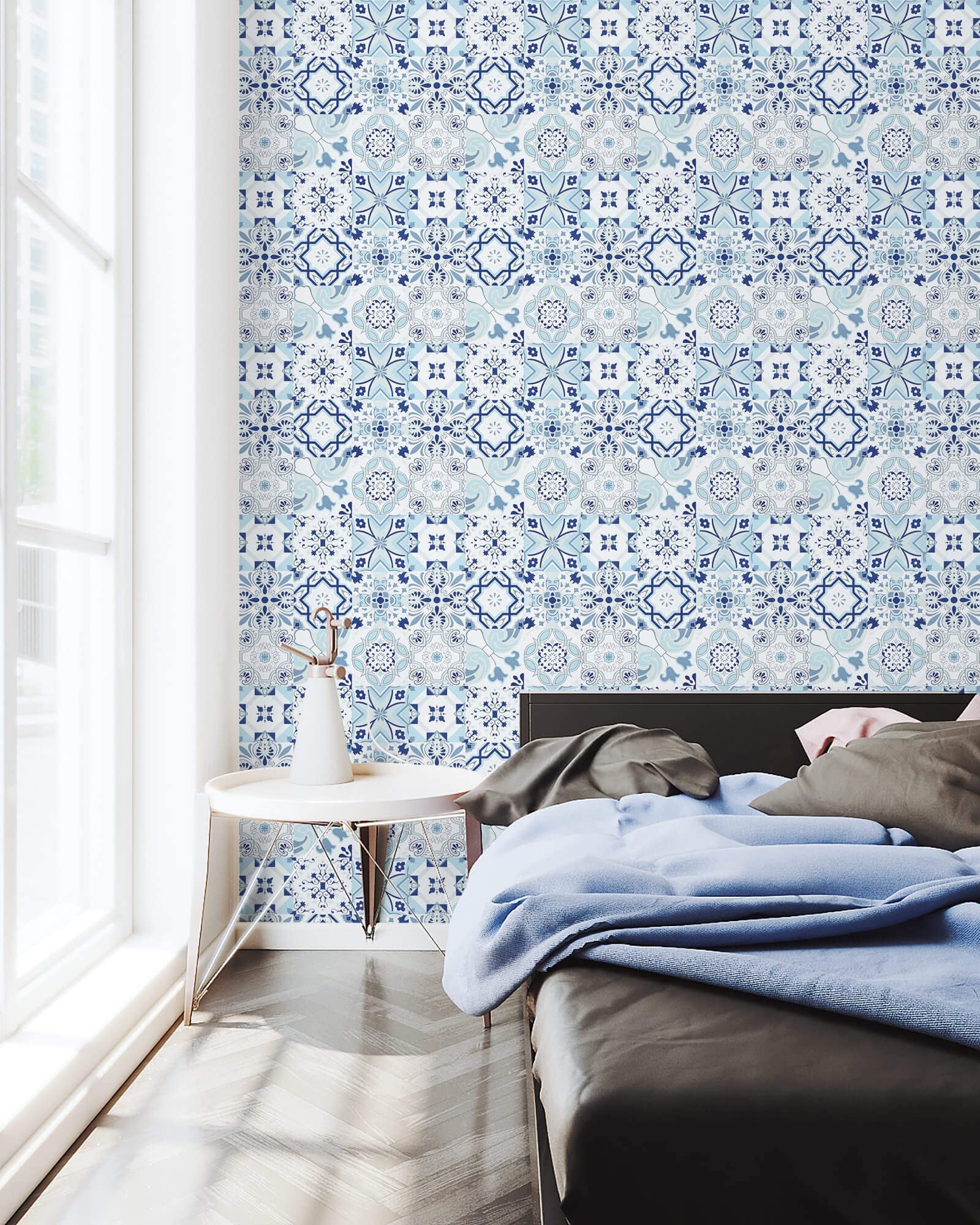 Dimoon Wallpaper 17.7’’x78.7’’ Contact Paper Thicken Blue White Floral Flower Tile Peel and Stick Removable Wall Waterproof Embossed Self Adhesive Vinyl