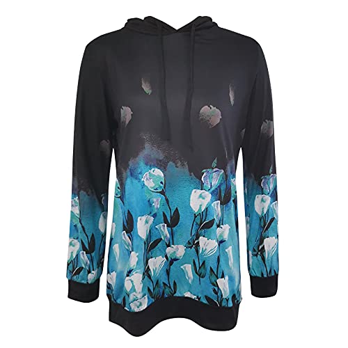 FMCHICO V Neck Blouses For Women Womens Floral Hoodies Sweatshirt Long Sleeve Drawstring Casual Pullover Tops Sweatshirts Blue