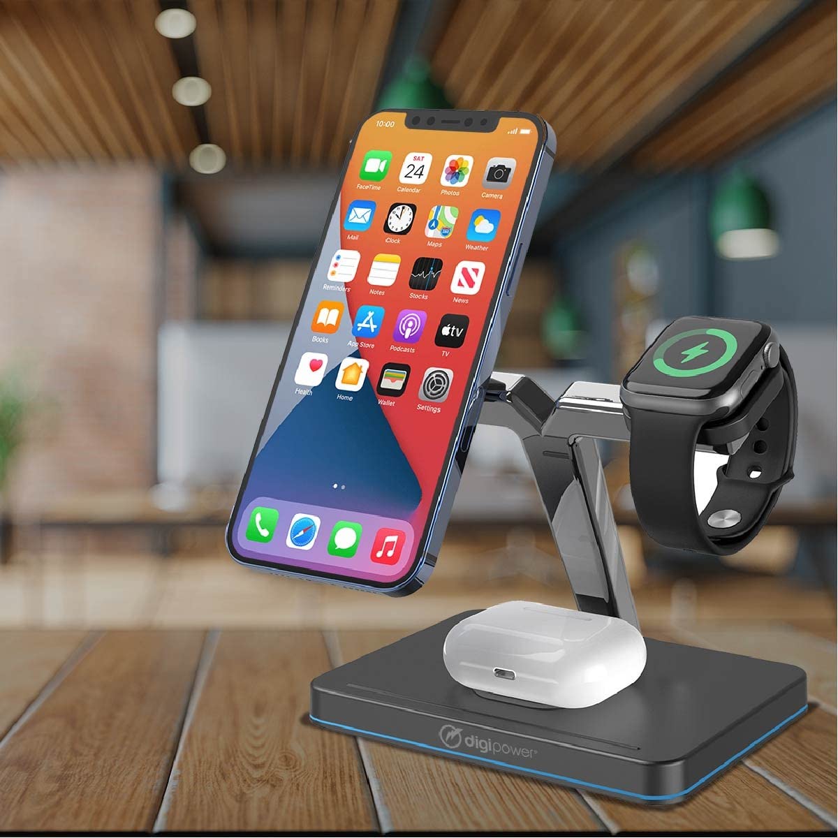 Digipower Wireless Charger - 3 in 1 Magnetic Charging Station - Fast Wireless Charger Stand for iPhone 14/13/12/Pro/Max, for Apple Watch 7/6/5/4/3/2/SE, AirPods 3/2/Pro
