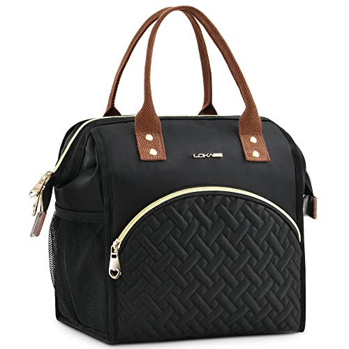 Lunch Bag Women, Reusable Insulated Lunch Box Large Wide-Open Water Resistant Adult Cooler Tote Bag for Work, Travel, Picnic â Black (Printed, Black)