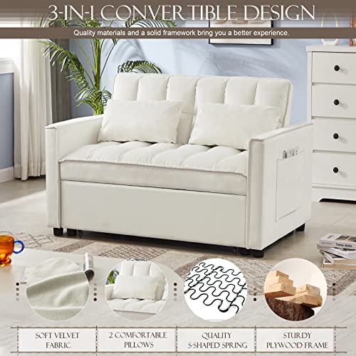 Velvet Pull Out Sleeper Sofa Bed, Convertible Futon Couch Bed with Adjustable Backrests, 3 in 1 Modern Loveseat with 2 Pockets and Pillows, Small Love Seat for Living Room, Guest Room, Off White