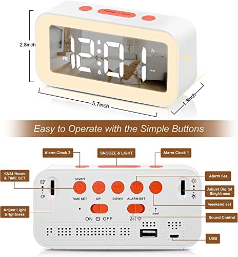 Digital Alarm Clock for Bedrooms, Digital Clock with Night Light 0-100% Adjustable Brightness Mirror LED Sound Activation Power-Off Memory 12/24Hr Snooze USB Port for Kids Bedside Home Office (White)