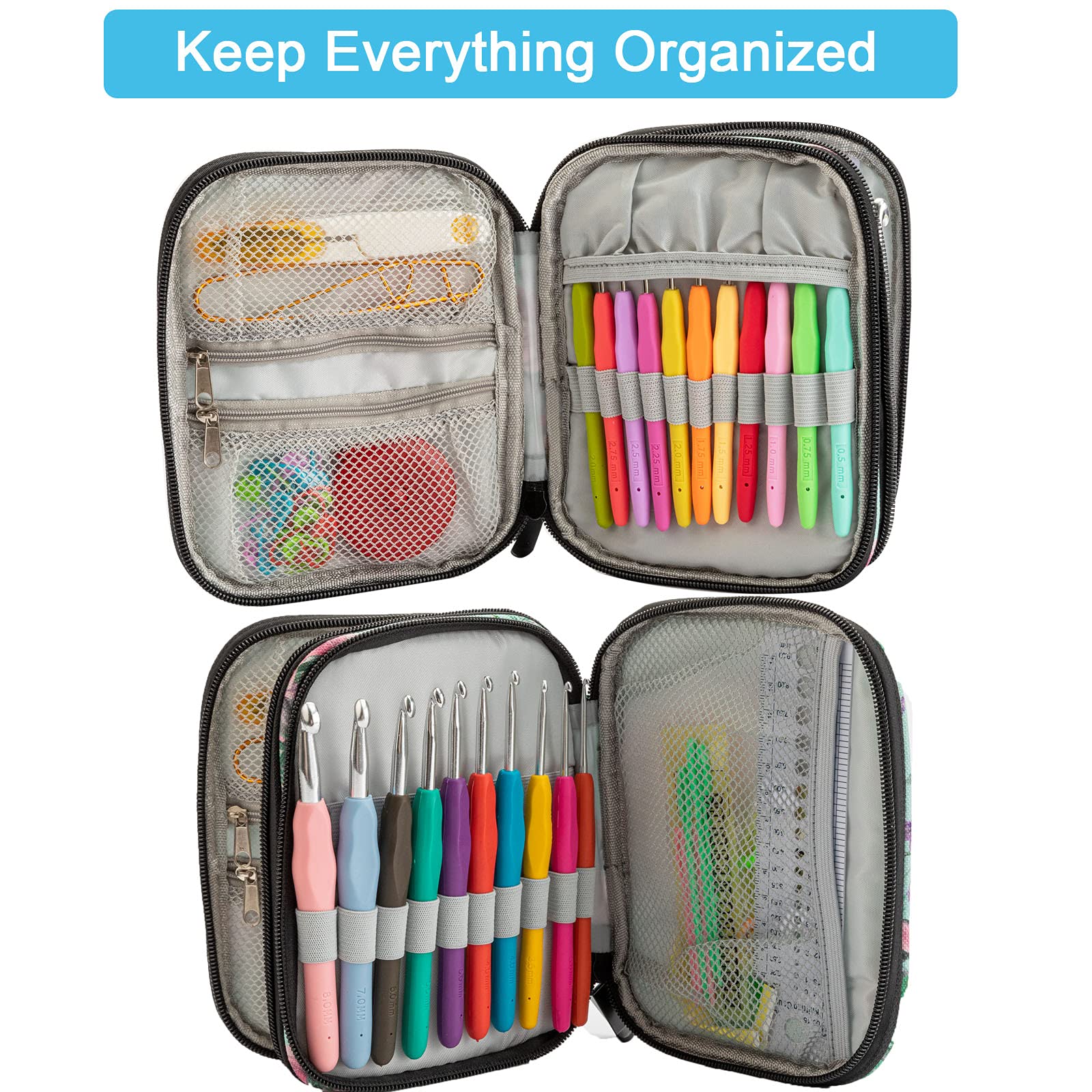 Ctcwsh Crochet Hook Case Only, Travel Crochet Kit Organizer, Portable Storage Bag for Crochet Needles Knitting Accessories, Lightweight and Compact, Easy to Carry, Floral Pattern