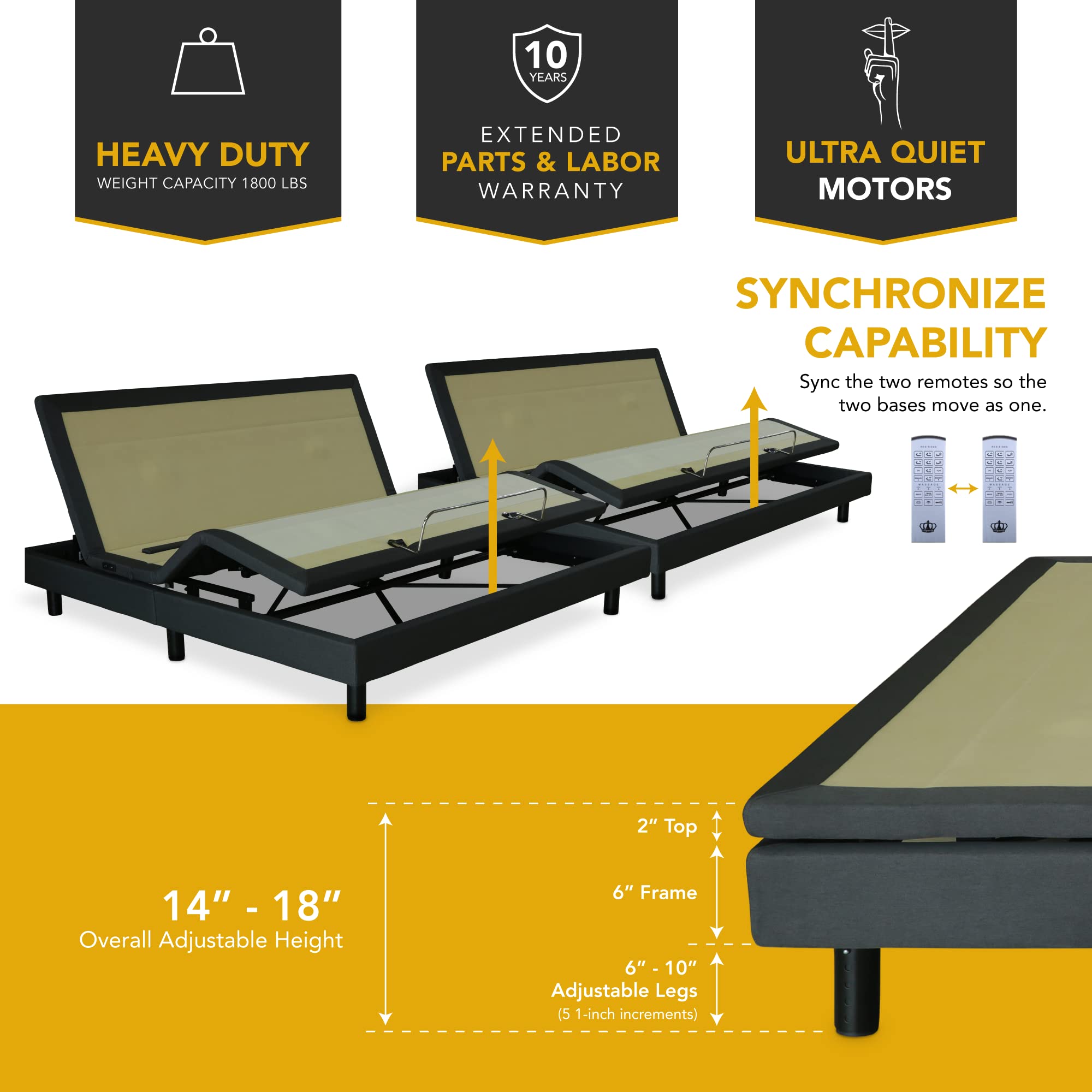 DynastyMattress DM9000s Split King Adjustable Bed Base Frame with Independent Head Tilt, Massage, Zero-Gravity, Bluetooth & USB Ports + Memory Foam Mattress Option