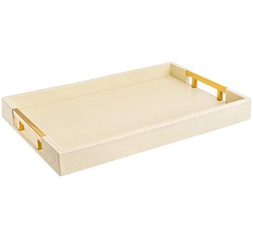 Modern Elegant 18"x12" Rectangle Cream Glossy Shagreen Decorative Ottoman Coffee Table Perfume Living Room Kitchen Serving Tray with Gold Polished Metal Handles by Home Redefined for All Occasion's