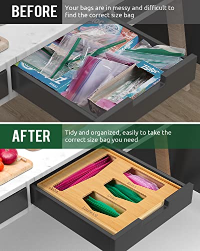 Ziplock Bag Storage Organizer for Kitchen Drawer, 4-in 1 Bamboo Food Baggie Holder, Compatible with Ziploc, Solimo, Glad, Hefty for Gallon, Quart, Sandwich, Snack & Freezer Gallon Variety Size Bag
