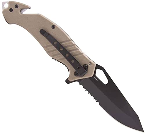 LA Police Gear Rescue EDC Folding Knife, Tactical Flipper Pocket Knife, Survival Knife With Seatbelt Cutter & Glass Breaker - Black Serrated Drop Point Blade/Tan Handle