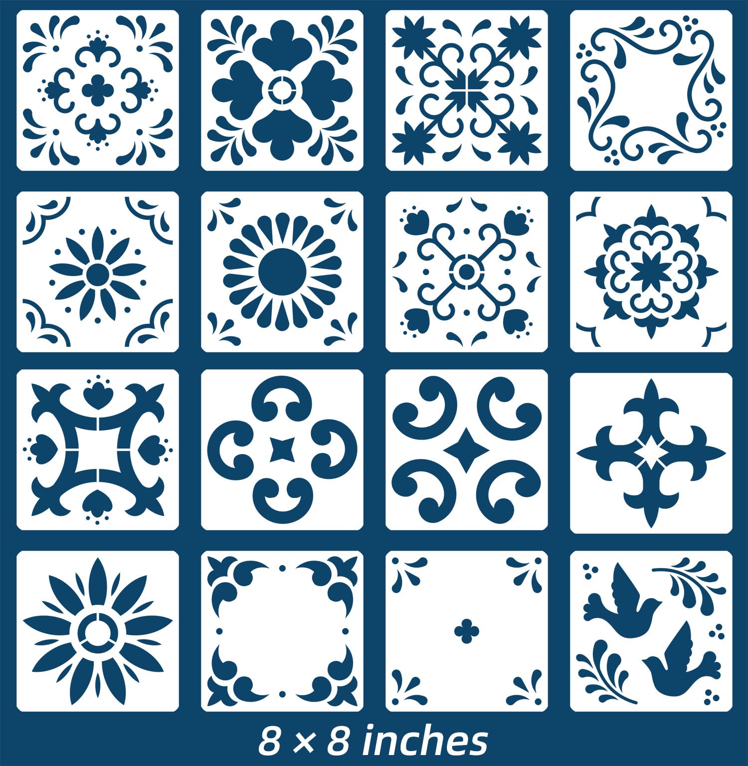 NEGLEX 16 Pack Tile Stencil Set (8X8 Inch), Mexican Stencil Pattern, Use As Floor Stencils Or Wall Stencils, Reusable Stencils for Painting Floor Furniture Canvas, DIY Mexican Talavera Home Décor