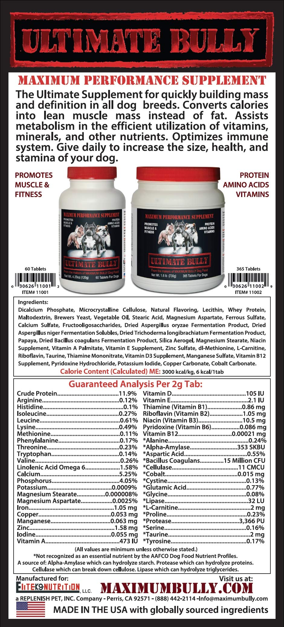 Maximum Bully - Ultimate Bully - Maximum Performance Canine Supplement, 60 Tablets, Made in The USA