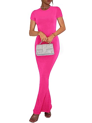 REORIA Women's Summer Sexy Casual Lounge Long Dress Elegant Wedding Guest Short Sleeve Crew Neck Bodycon Maxi Dresses Rose Red Medium