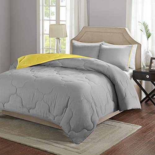 Comfort Spaces Vixie Reversible Comforter Set - Trendy Casual Geometric Quilted Cover, All Season Down Alternative Cozy Bedding, Matching Sham, Grey/Yellow, Twin/Twin XL 2 piece