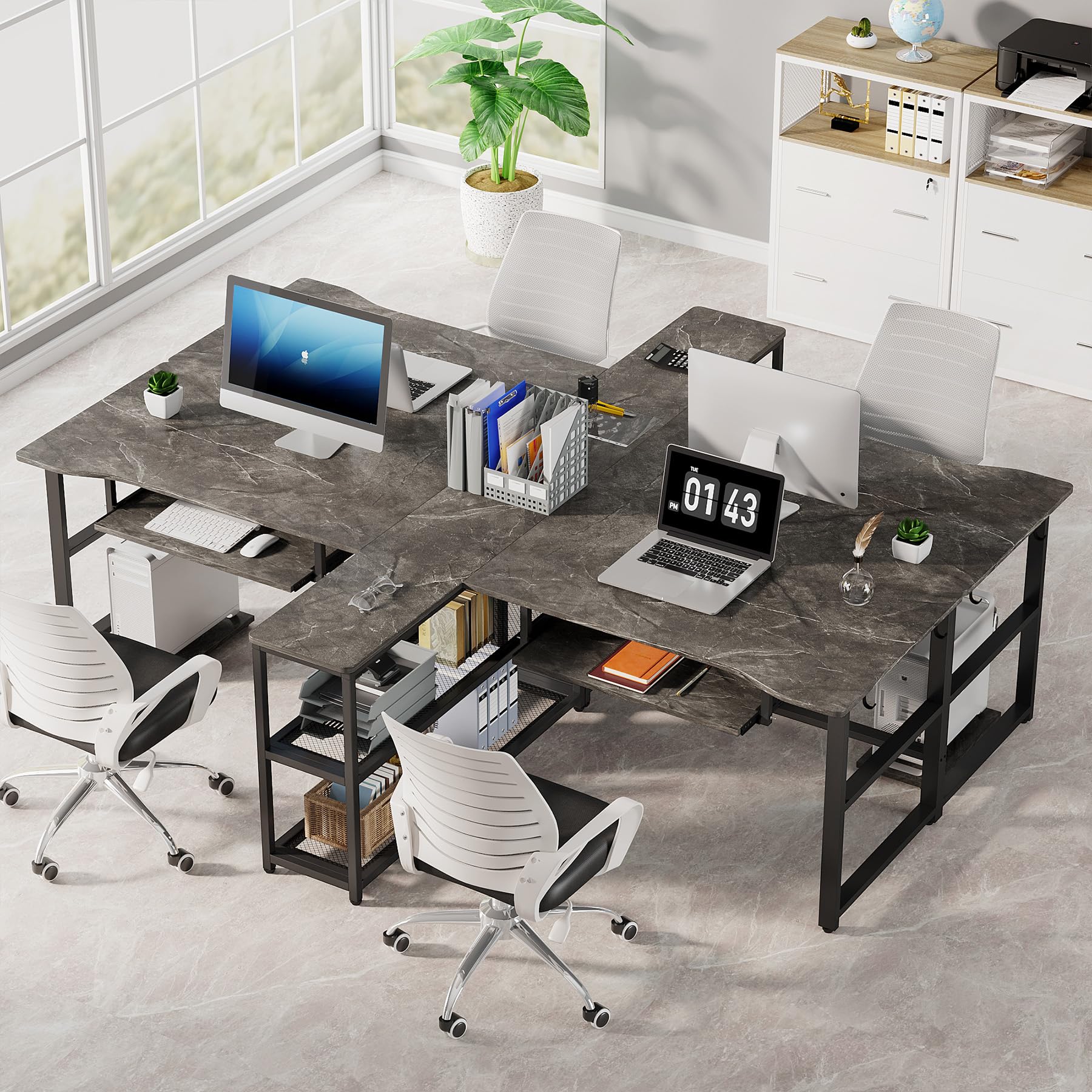 Tribesigns 94.5 inch Two Person Desk with Keyboard Tray, Extra Long Home Office Desk with Storage Shelves and Hooks, Double Computer Desk Workstation Study Table for Two People