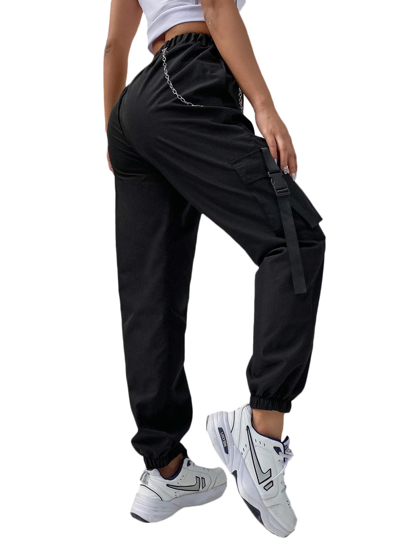 DIDK Women's High Waisted Flap Pocket Solid Jogger Cargo Pants with Chain Black M