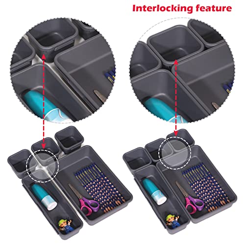 Set of 12 Interlocking Desk Drawer Organizer Tray Dividers Plastic Shallow Narrow Drawers Organizers Separators and Storage Bins Container for Kitchen Bathroom Makeup Office Vanity Bedroom Dresser