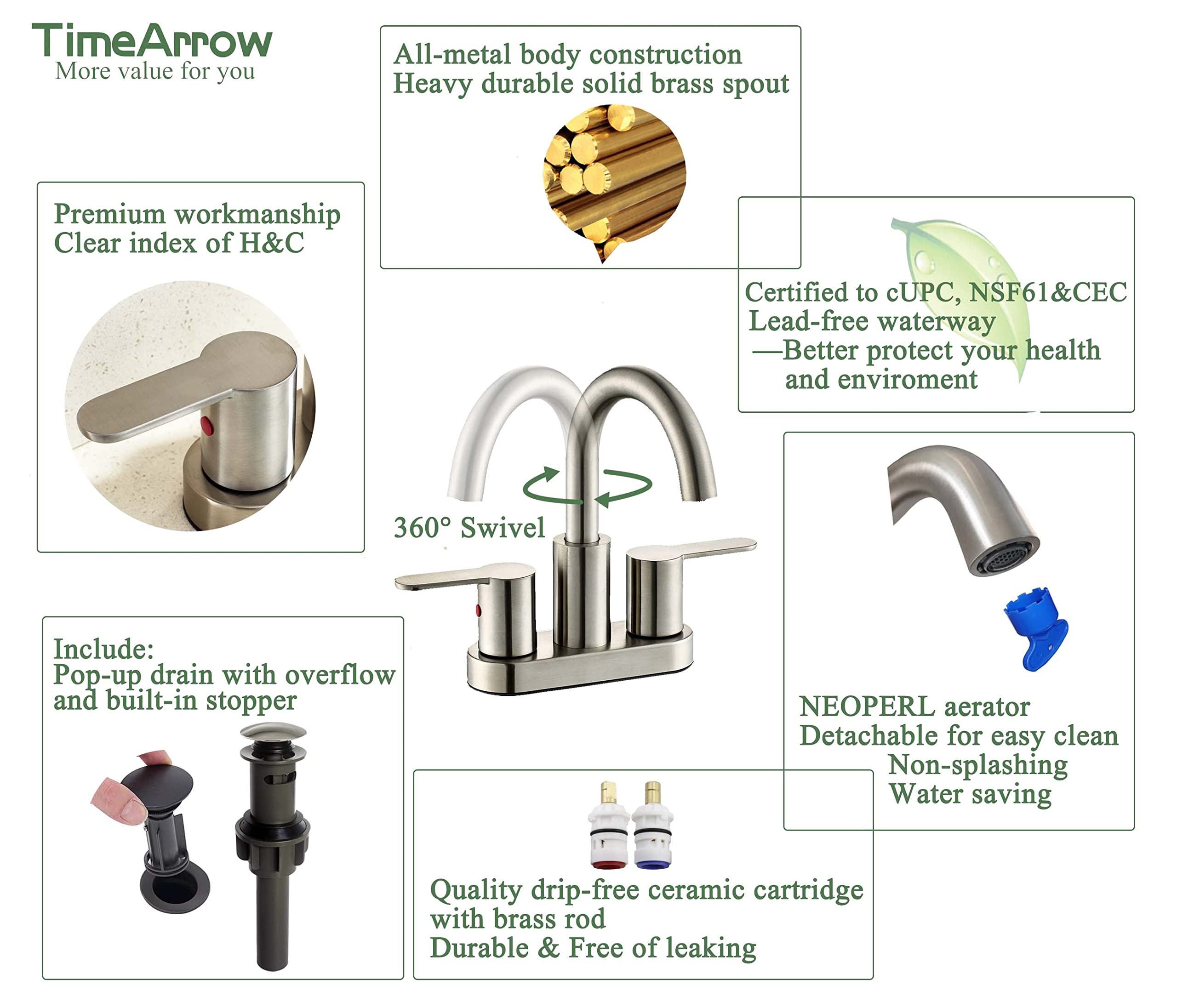 TimeArrow 2 Handle Centerset Bathroom Sink Faucet Brushed Nickel with Drain Assembly, High Arc Modern 4 Inch Bathroom Vanity Lavatory Faucet 3 Holes with Brass 360° Swivel Spout, TAF067E-BN