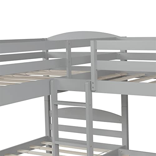 Quad Bunk Bed with Trundle L-Shape Bunk Bed Twin Over Twin Corner Bunk Bed for 4 or 5 Kids Boys Girls Teens, Gray